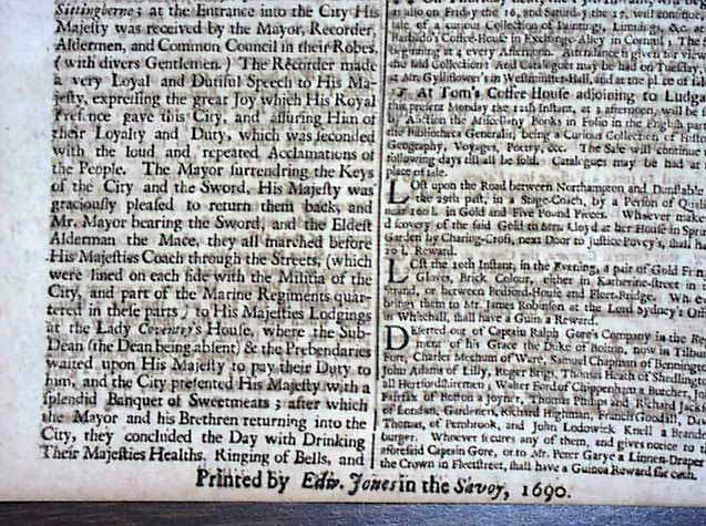 Early RARE 1690 Newspaper GAZETTE With Folder - LONDON GAZETTE - 314 ...