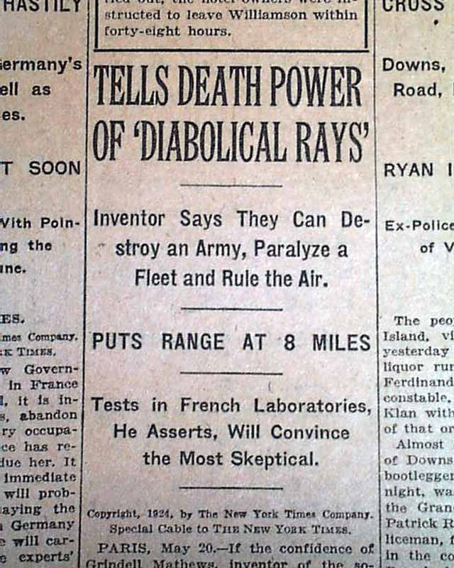 Death Ray invented in 1924 ?..... - RareNewspapers.com