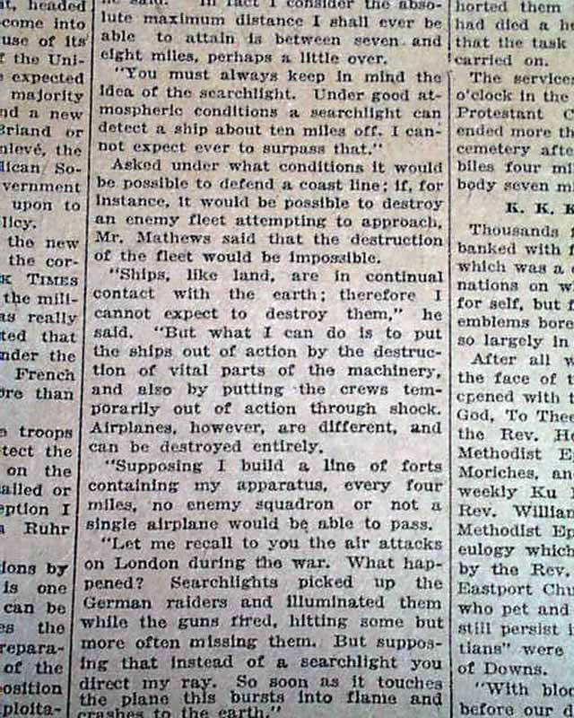 Death Ray invented in 1924 ?..... - RareNewspapers.com