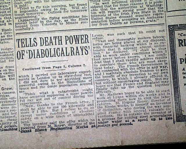Death Ray invented in 1924 ?..... - RareNewspapers.com