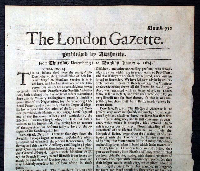 Genuine London Gazette newspaper from 1674... - RareNewspapers.com
