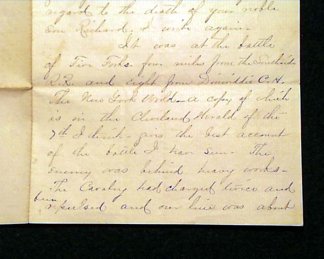 Civil War letter on the Battle of Five Forks... Reference to the death ...