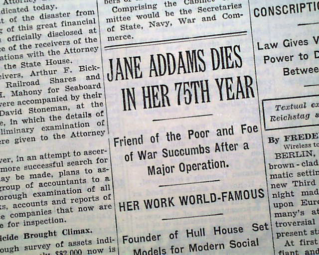 Jane Addams death in 1935.... - RareNewspapers.com