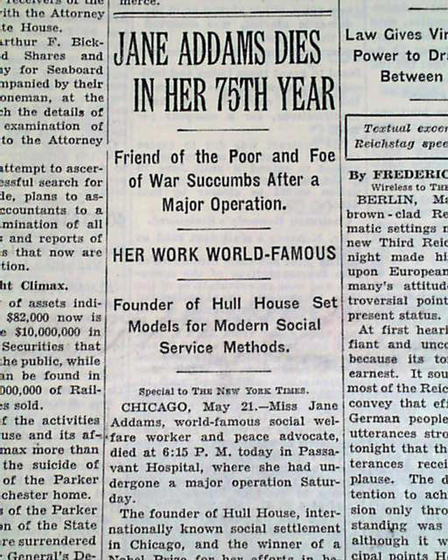 Jane Addams death in 1935.... - RareNewspapers.com