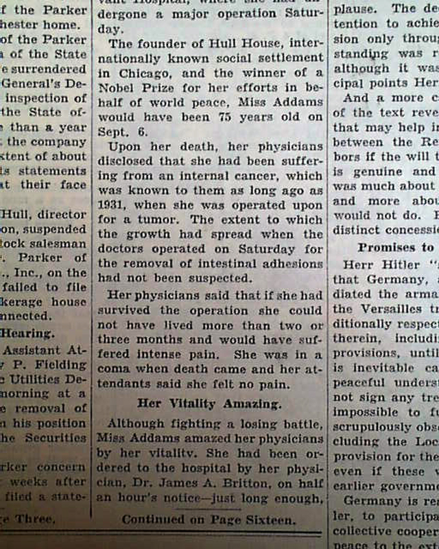 Jane Addams death in 1935.... - RareNewspapers.com