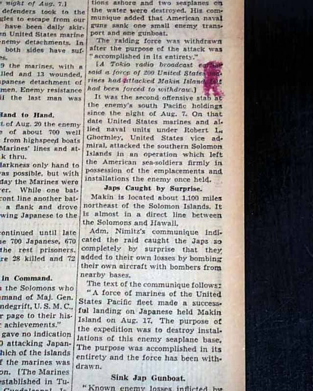 Evans Carlson's raiders attack Makin Island.... - RareNewspapers.com