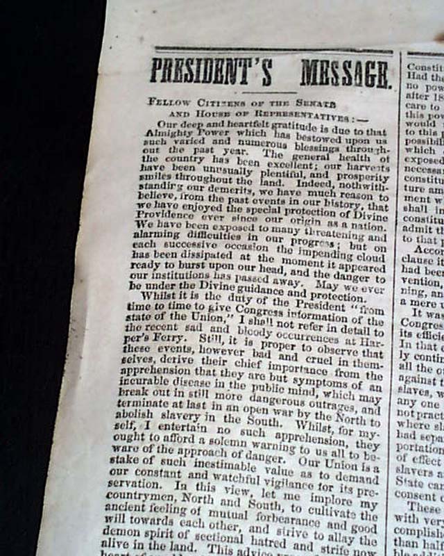 President Buchanan reviews the year 1859... - RareNewspapers.com