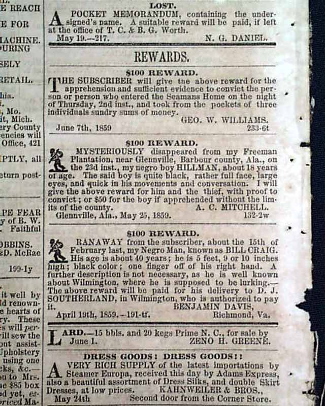 1859 Wilmington NC Slave Ad... - RareNewspapers.com