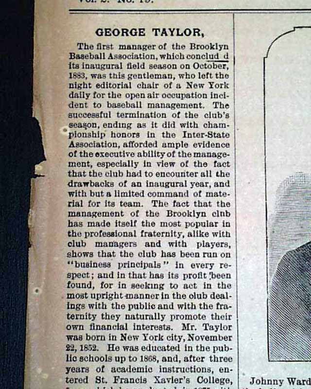 Very rare baseball newspaper from 1886... Portrait of George Taylor ...