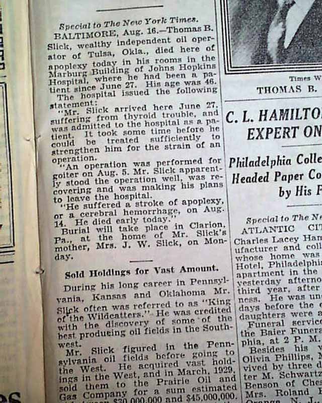 Thomas Baker Slick, Sr. death... - RareNewspapers.com