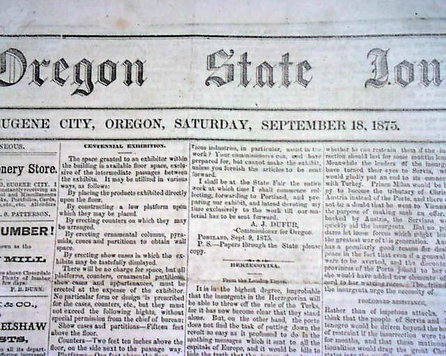 1875 Old West Newspaper From EUGENE CITY OR... - RareNewspapers.com