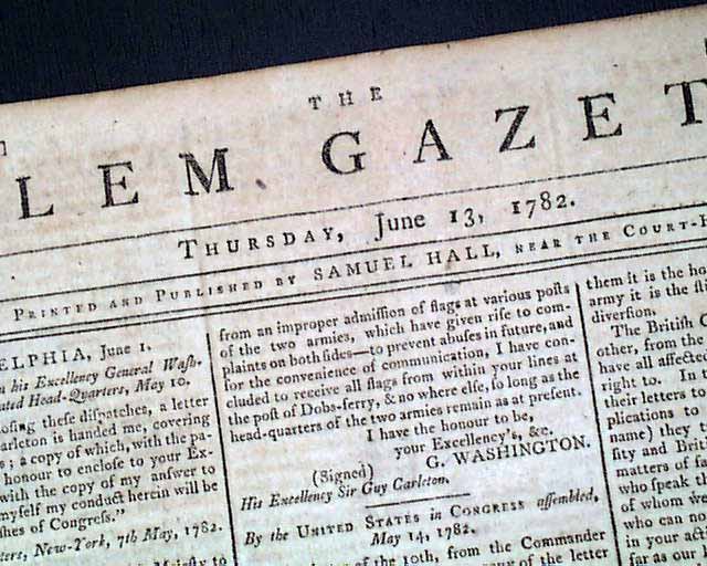 LATE REVOLUTIONARY WAR... front page letter from Washington ...