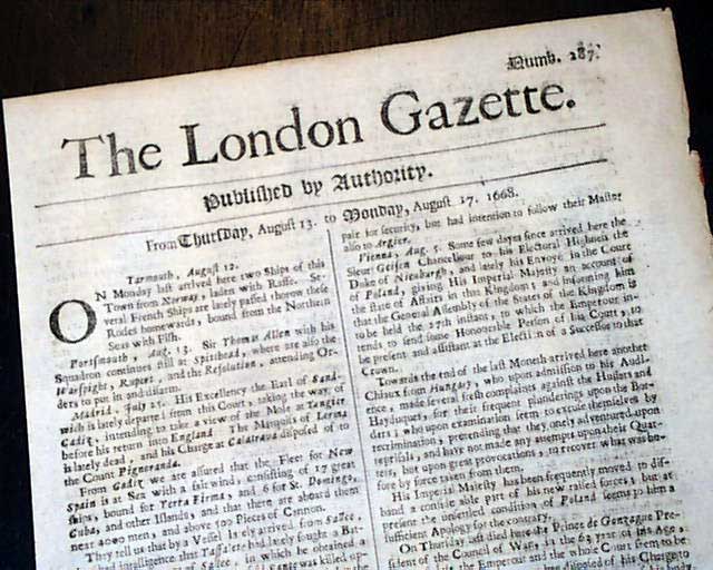 Genuine London Gazette newspaper from 1668... - RareNewspapers.com