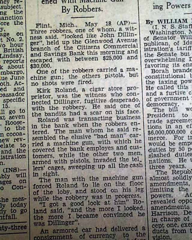 1934 John Dillinger gang... Flint, Michigan robbery... - RareNewspapers.com