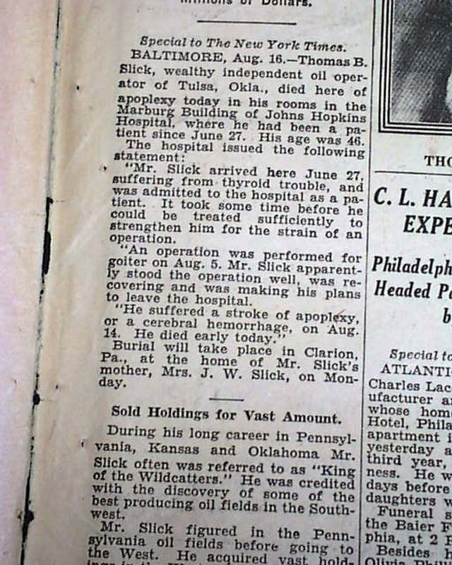 Thomas Baker Slick, Sr. death... - RareNewspapers.com