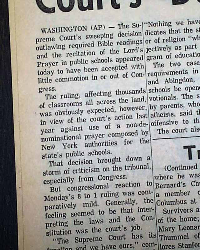 Supreme Court bans Bible reading in public schools... - RareNewspapers.com