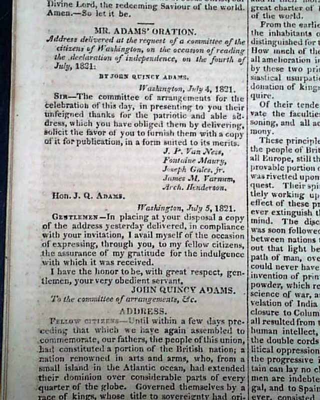 John Quincy Adams' notable Fourth of July speech... - RareNewspapers.com
