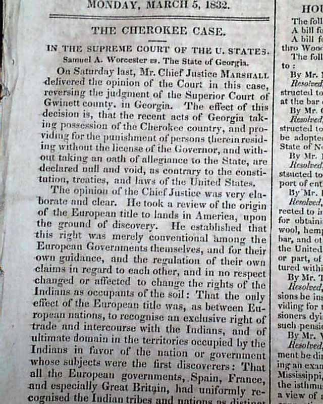 Four issue set detailing the Cherokee Case of Worcester vs. Georgia ...