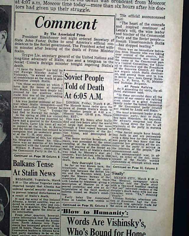 The death of Joseph Stalin - Graphic headline... - RareNewspapers.com