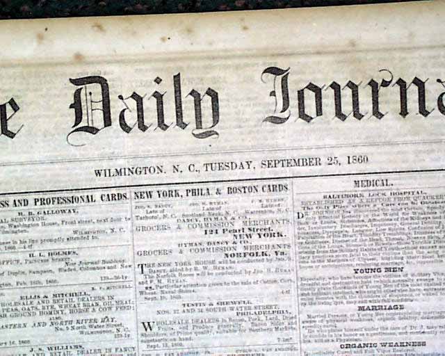 1860 Wilmington, North Carolina... Period Ads... - RareNewspapers.com