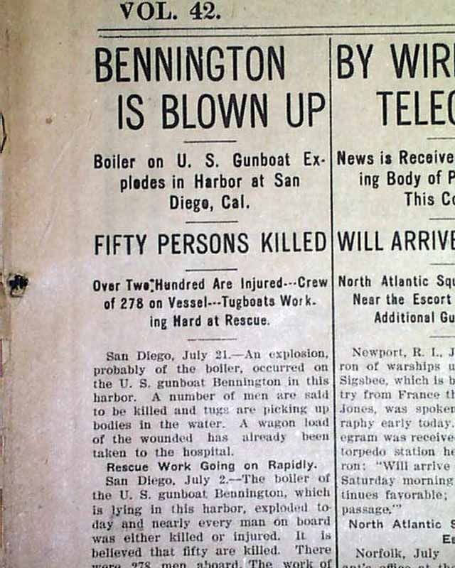 USS Bennington boiler explosion... - RareNewspapers.com
