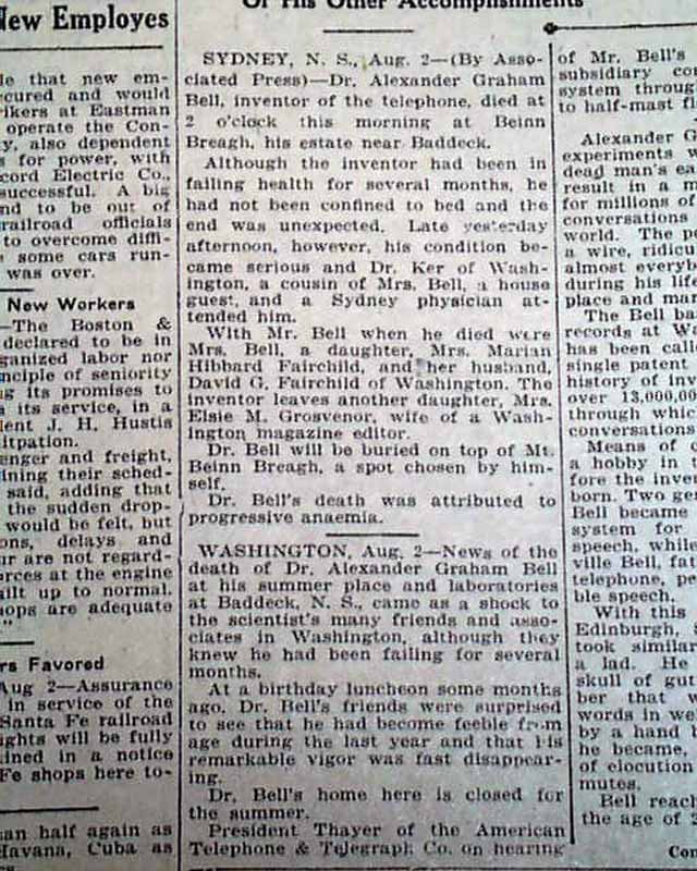 Alexander Graham Bell death.... - RareNewspapers.com