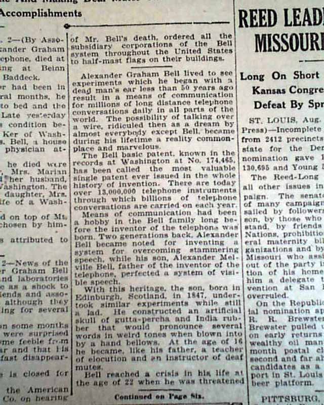 Alexander Graham Bell death.... - RareNewspapers.com