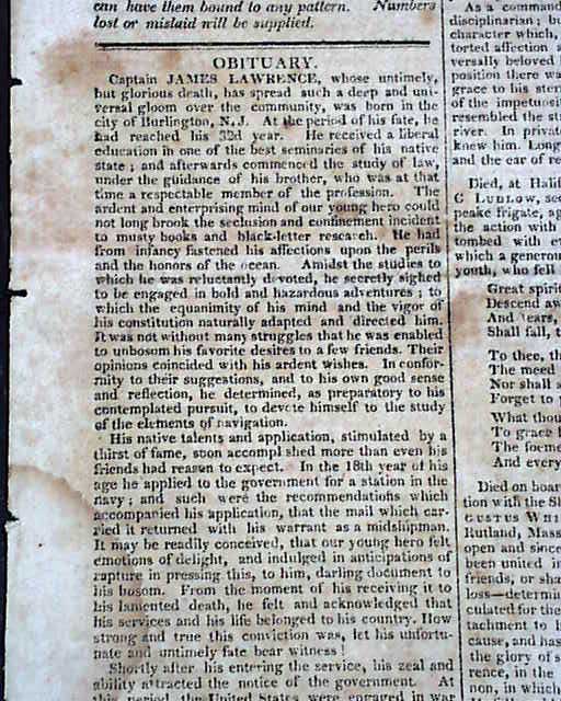 The Chesapeake vs. the Shannon... Death of Capt. Lawrence ...