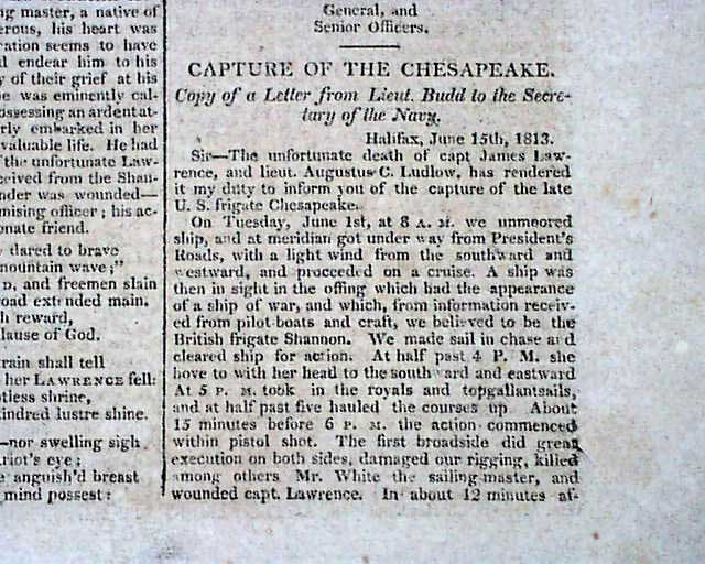 The Chesapeake vs. the Shannon... Death of Capt. Lawrence ...