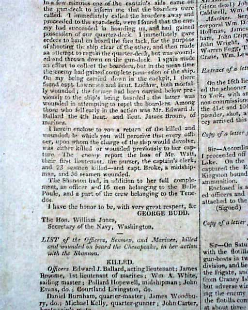 The Chesapeake vs. the Shannon... Death of Capt. Lawrence ...