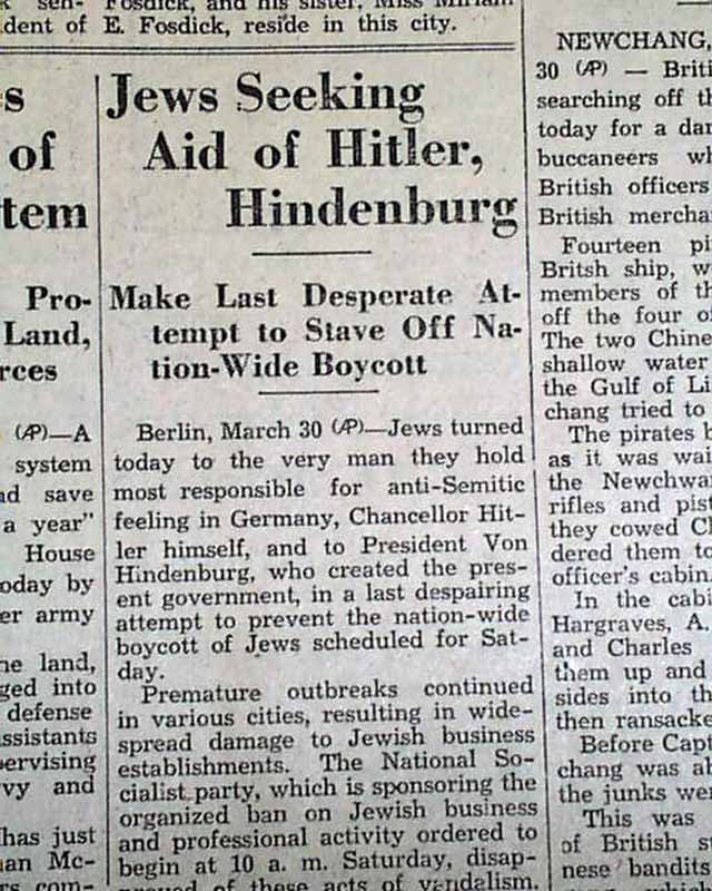 Nazis Boycott Jews in 1933.... - RareNewspapers.com