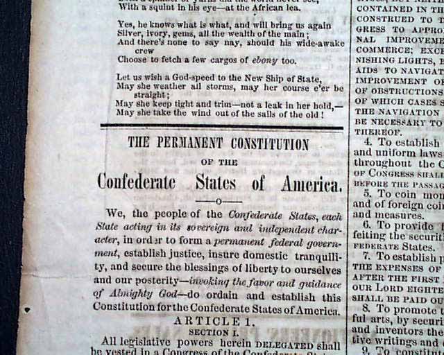 Constitution of the Confederacy, in a "Confederate" newspaper ...