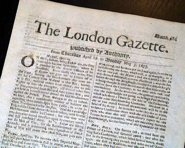 Genuine London Gazette newspaper from 1675... - RareNewspapers.com