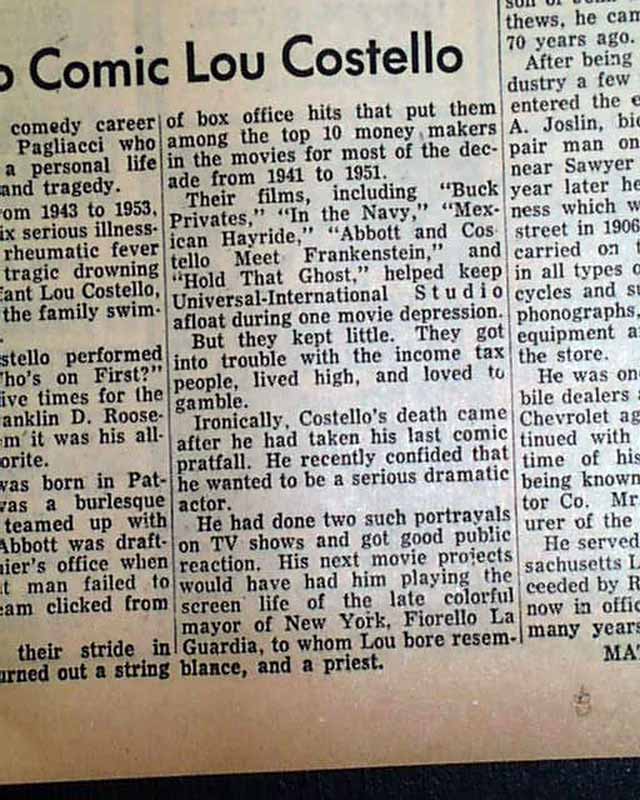 Death of Lou Costello... - RareNewspapers.com