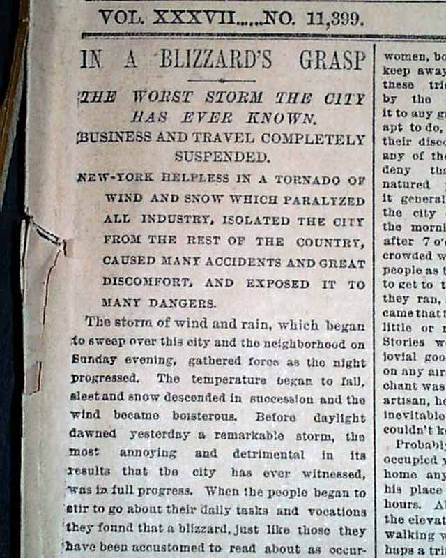 The Great Blizzard of 1888... - RareNewspapers.com