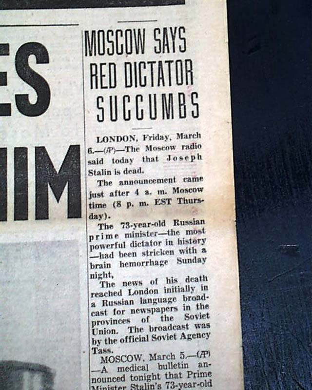 1953 Death of Josef Stalin... - RareNewspapers.com