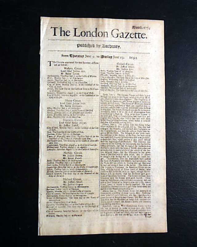 Genuine London Gazette newspaper from 1690... - RareNewspapers.com