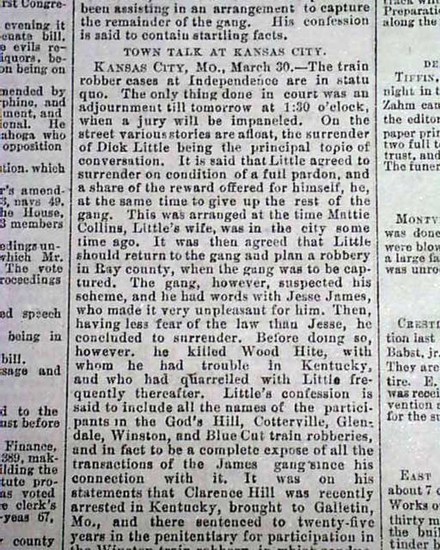 Outlaw Dick Liddil captured... Jesse James.. - RareNewspapers.com