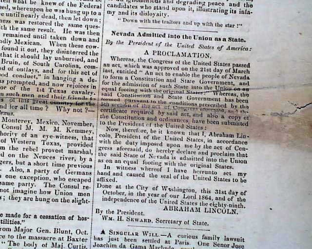 1864 Nevada becomes a state... Abraham Lincoln.... - RareNewspapers.com