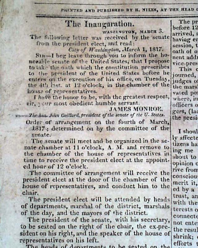 Inauguration of President James Monroe... - RareNewspapers.com