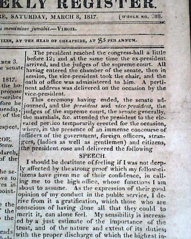 Inauguration of President James Monroe... - RareNewspapers.com