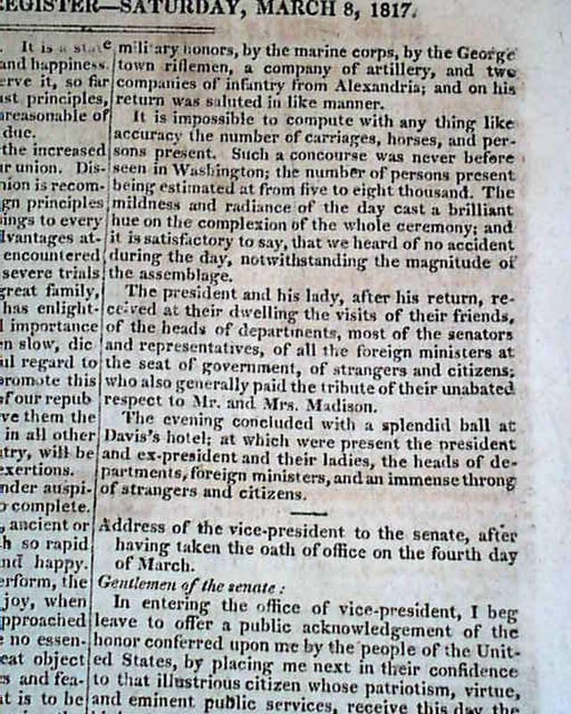 Inauguration of President James Monroe... - RareNewspapers.com