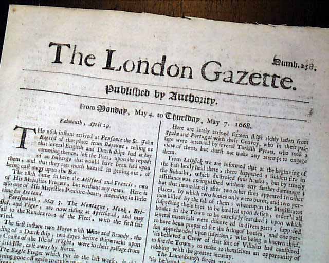 Genuine London Gazette newspaper from 1668... - RareNewspapers.com