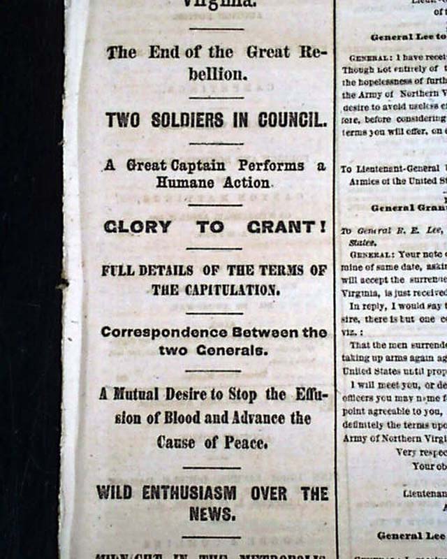 Robert E. Lee surrenders to Ulysses S. Grant, essentially ending the ...