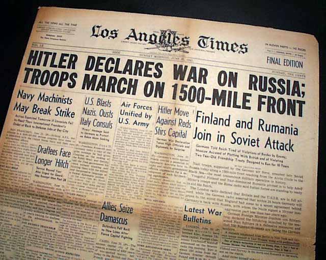 Adolph Hitler declares war on Russia in 1941.... - RareNewspapers.com