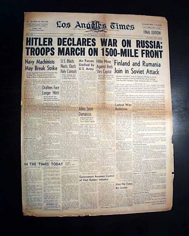 Adolph Hitler declares war on Russia in 1941.... - RareNewspapers.com
