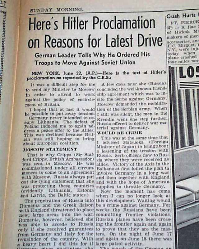 Adolph Hitler declares war on Russia in 1941.... - RareNewspapers.com