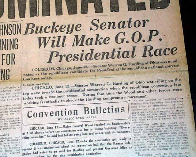 Terrific Warren Harding's nomination headline... - RareNewspapers.com