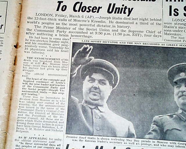 Dramatic issue reporting the death of Stalin... - RareNewspapers.com