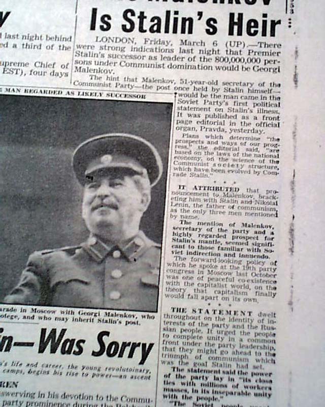 Dramatic issue reporting the death of Stalin... - RareNewspapers.com